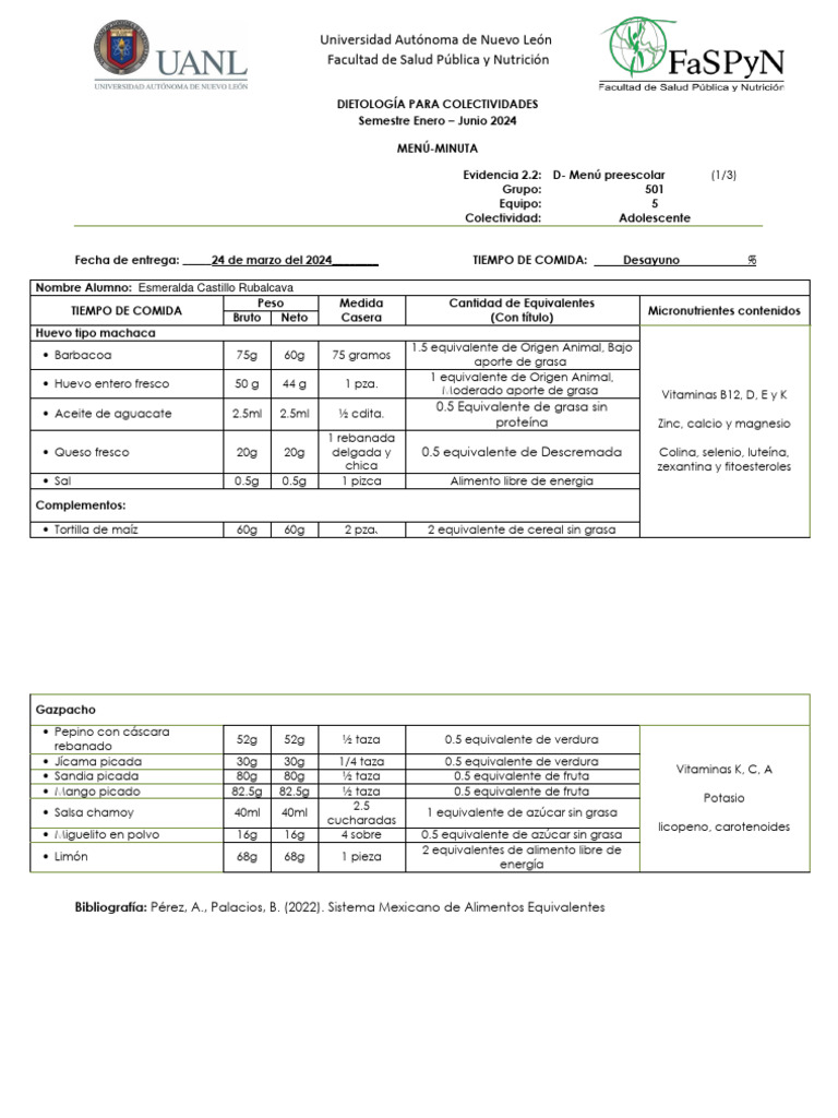 ACT E-Menu Minuta Adolescente - EQ.5-1 | PDF | Nutrición | Dieta y nutrición