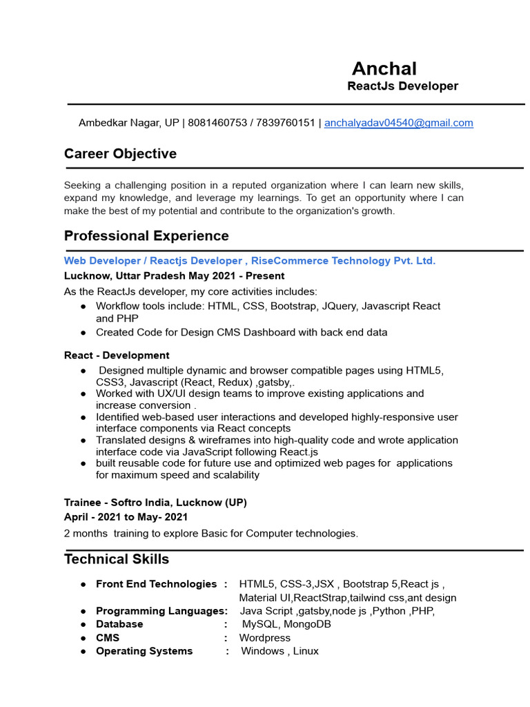 Resume Anchalyadav Pdf Java Script Html5