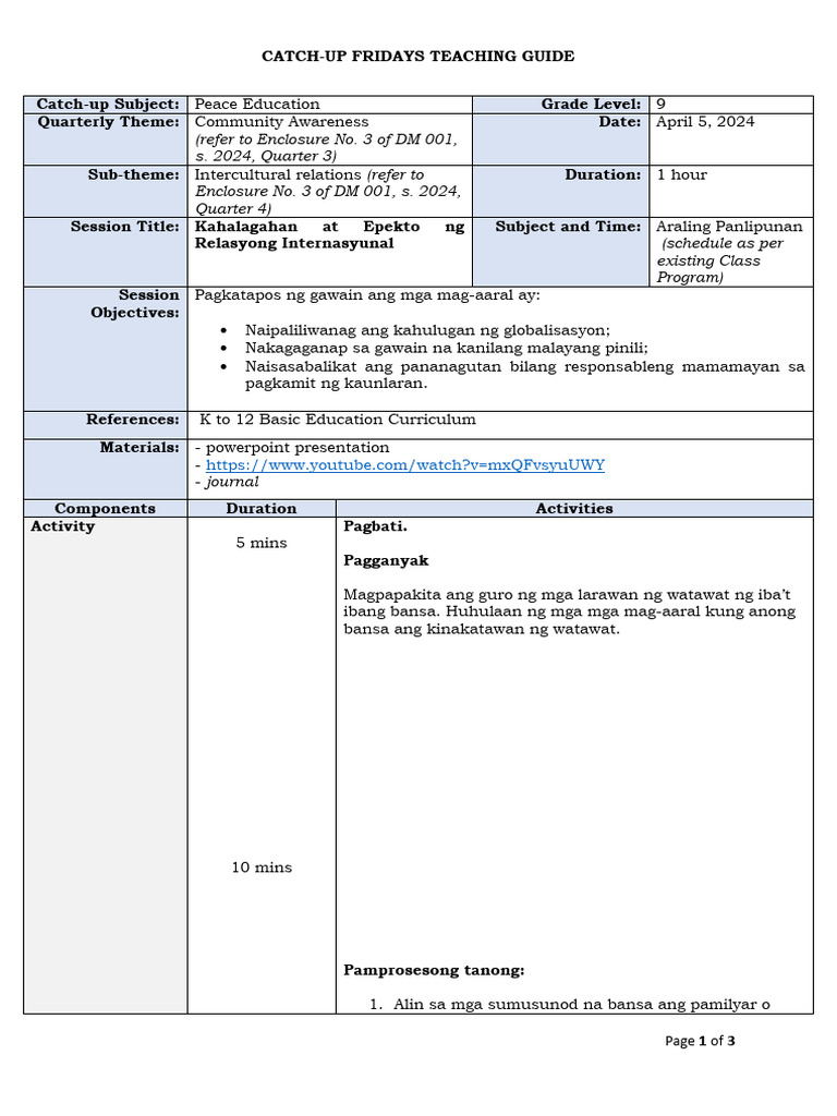 Grade 9 Peace Educ TG April 5 | PDF