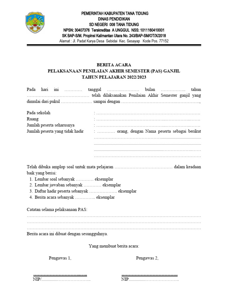 Berita Acara Pelaksanaan PAS Semester 1 | PDF
