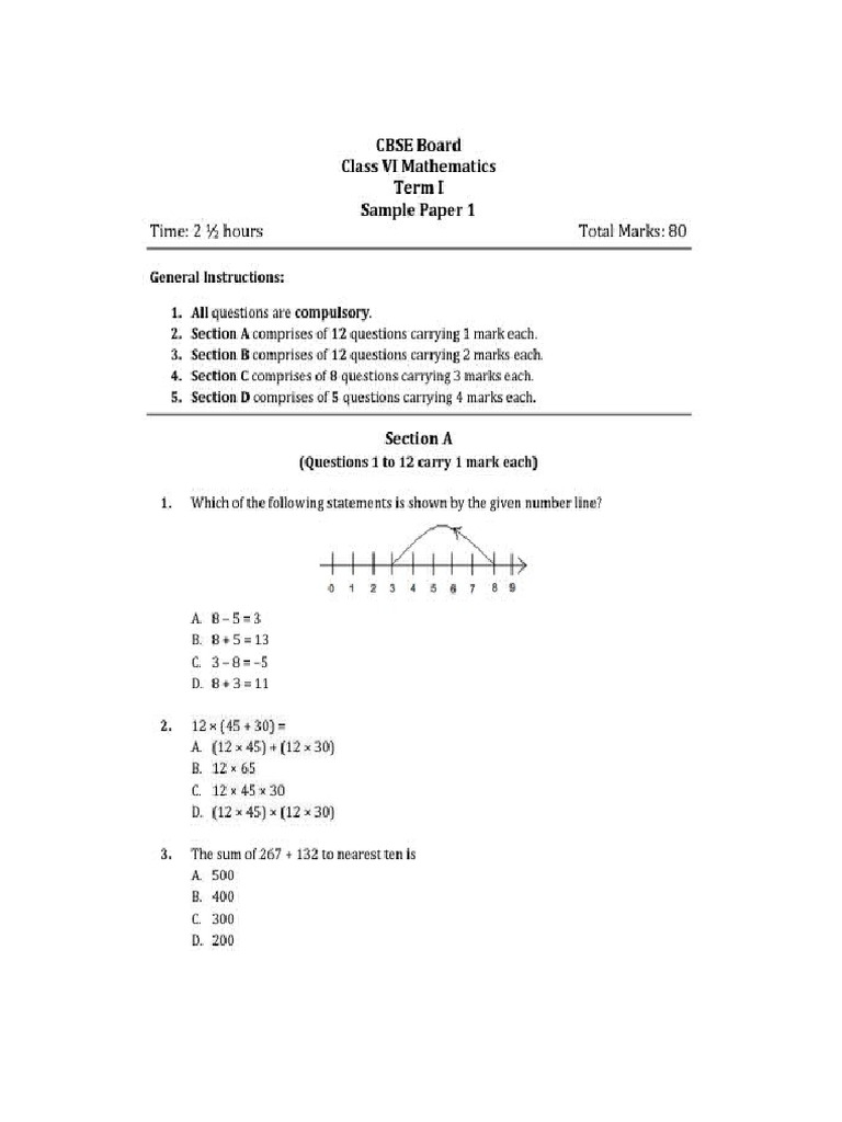 CBSE 6 Math Sample paper-1 | PDF