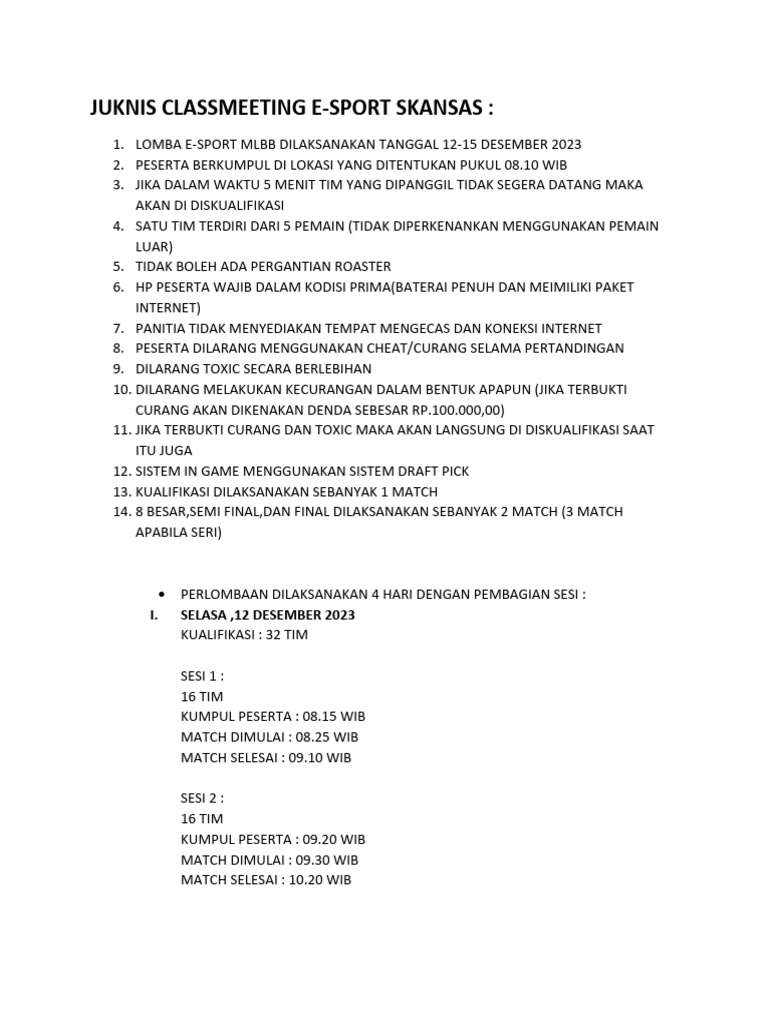 Juknis Lomba E-Sport MLBB Skansas 2023 | PDF | Olahraga & Rekreasi