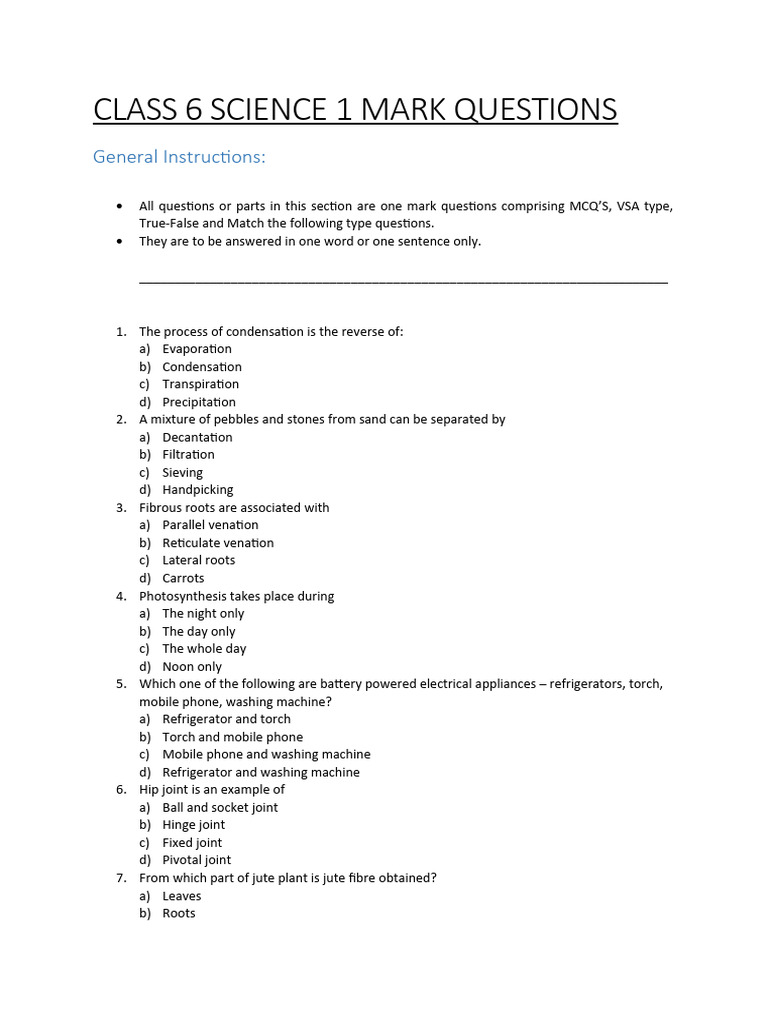 Class 6 Science 1 Mark Questions | PDF | Leaf | Magnet