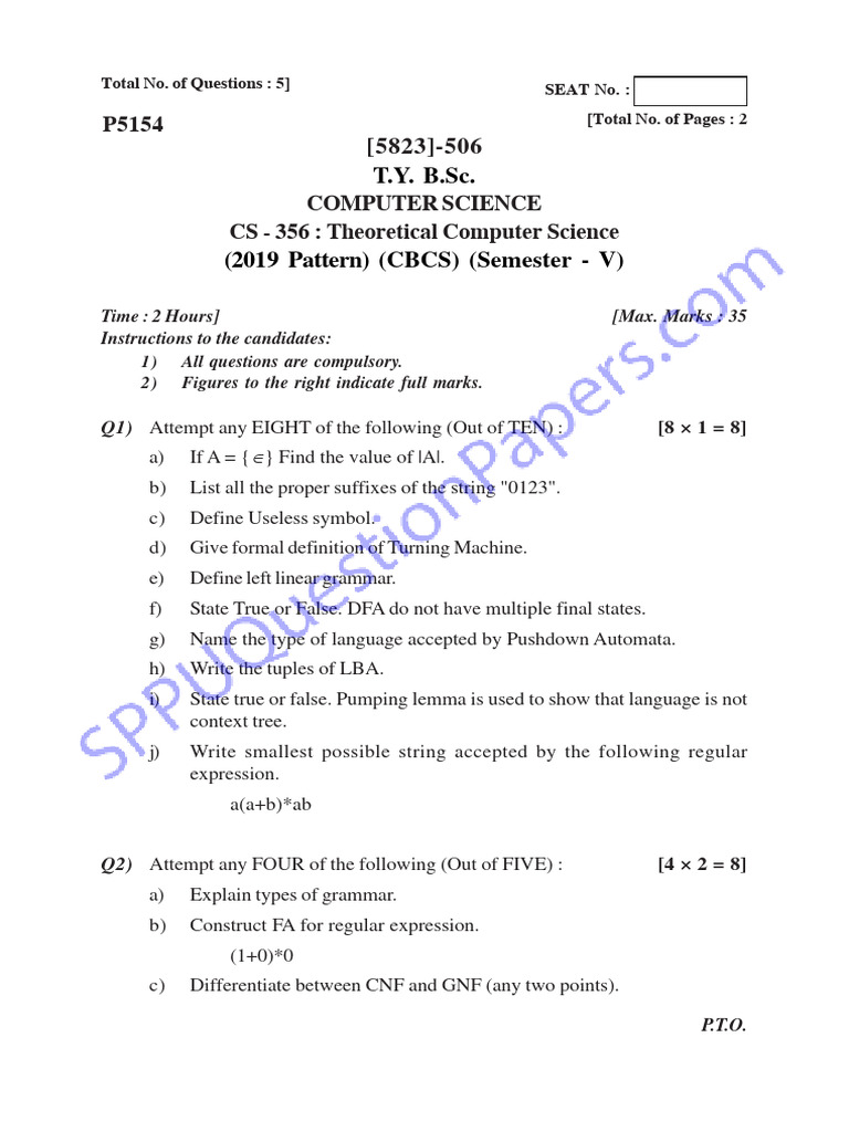 BSC Computer Science Cs Semester 5 2022 April Theoretical Computer Science and Compiler ...