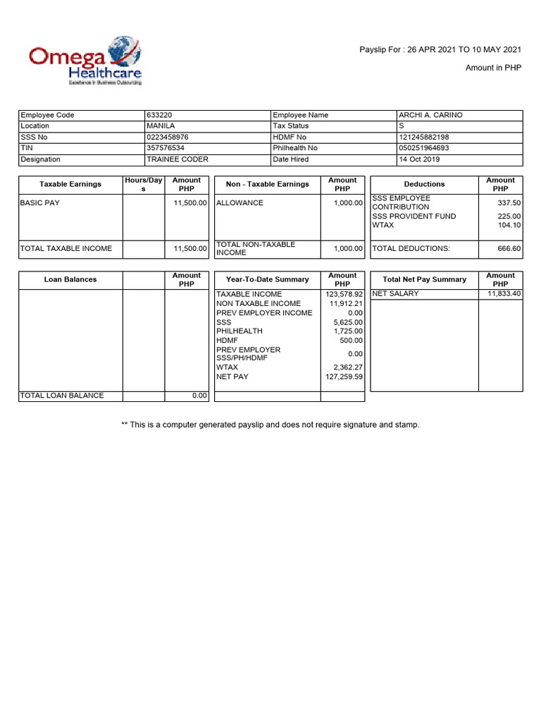Payslip For 26 Apr 2021 To 10 May 2021 | PDF | Paycheck | Tax Deduction