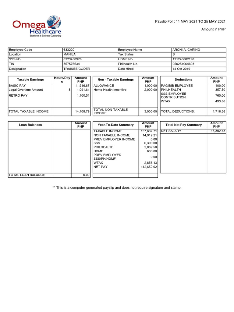 Detailed Payslip Summary for May 2021 | PDF | Employment | Taxes