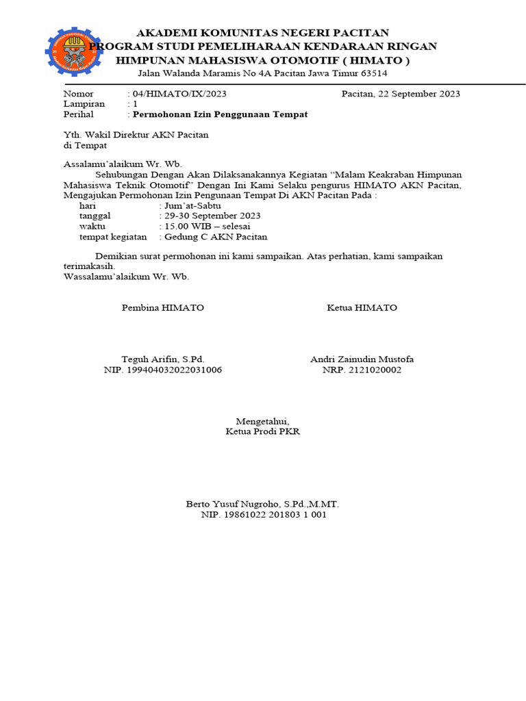 Surat Permohonan Perizinan Pengunaan Tempat | PDF