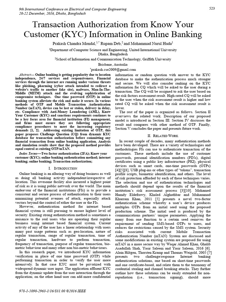 Transaction Authorization From Know Your Customer (KYC) Information in Online Banking | PDF ...