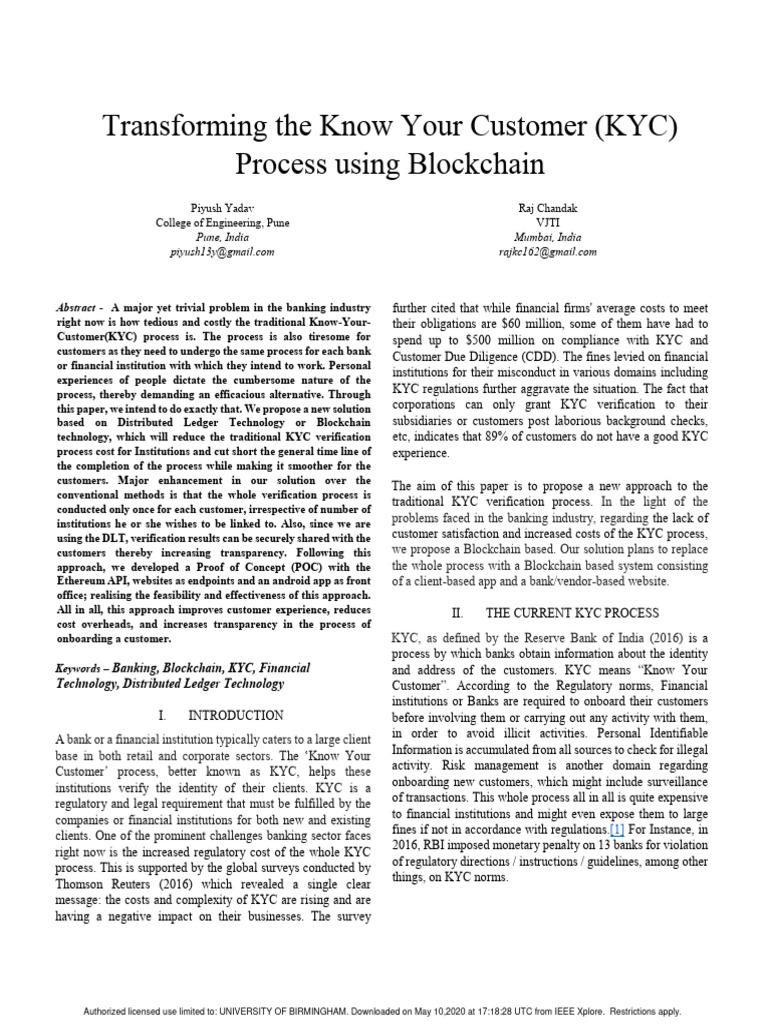 Transforming The Know Your Customer (KYC) Process Using Blockchain | PDF | Public Key ...