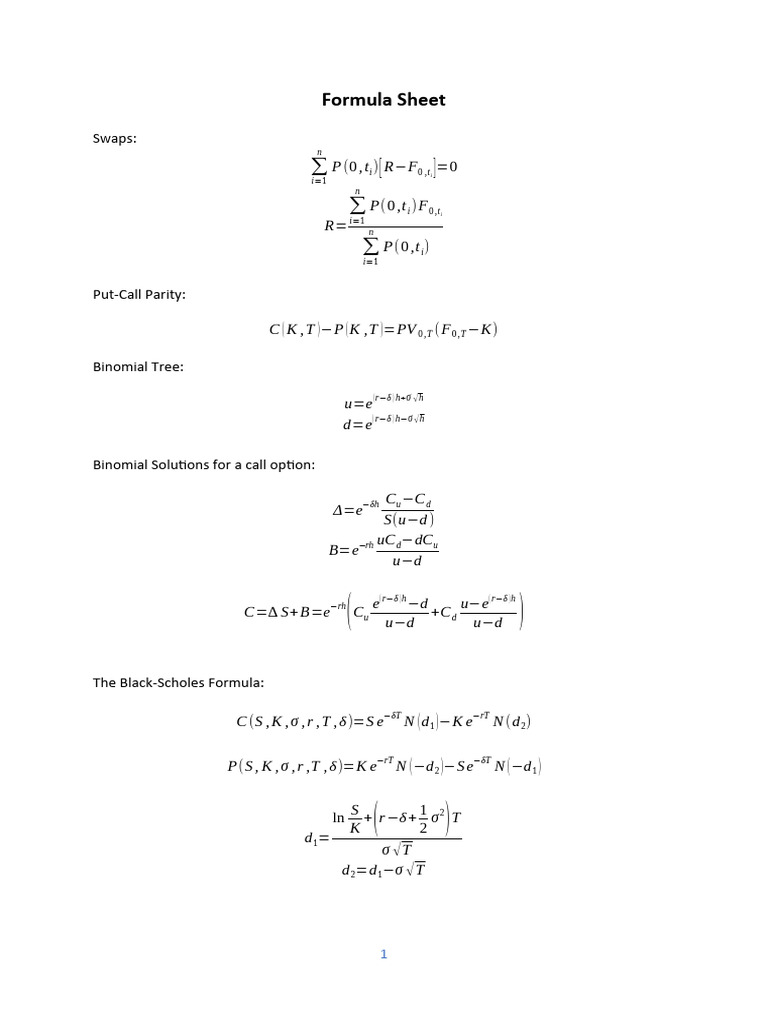 Formula Sheet | PDF | Derivative (Finance) | Mathematical Finance