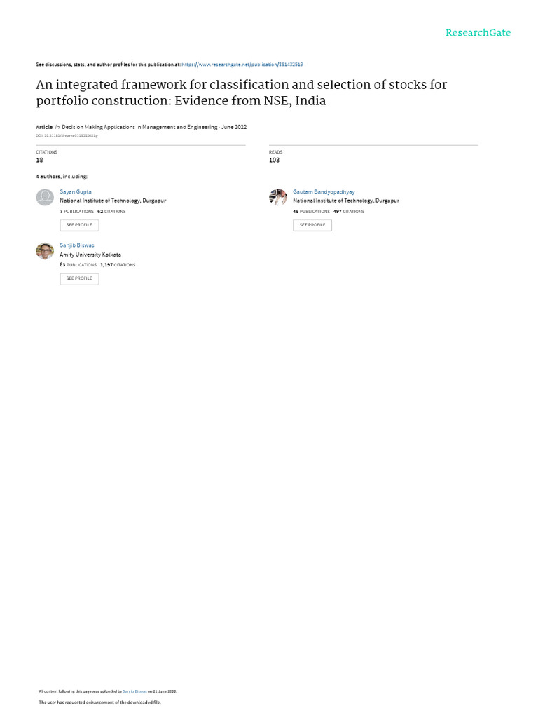 An Integrated Framework For Classification | PDF | Beta (Finance) | Sharpe Ratio