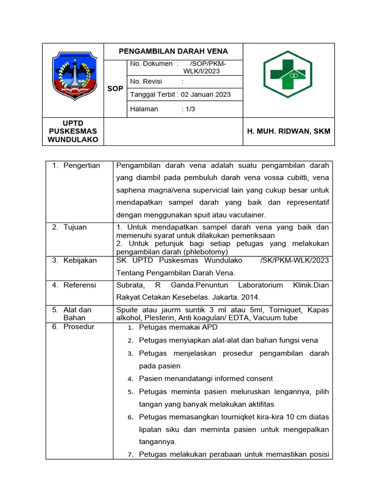 SOP Pengambilan Darah Vena | PDF