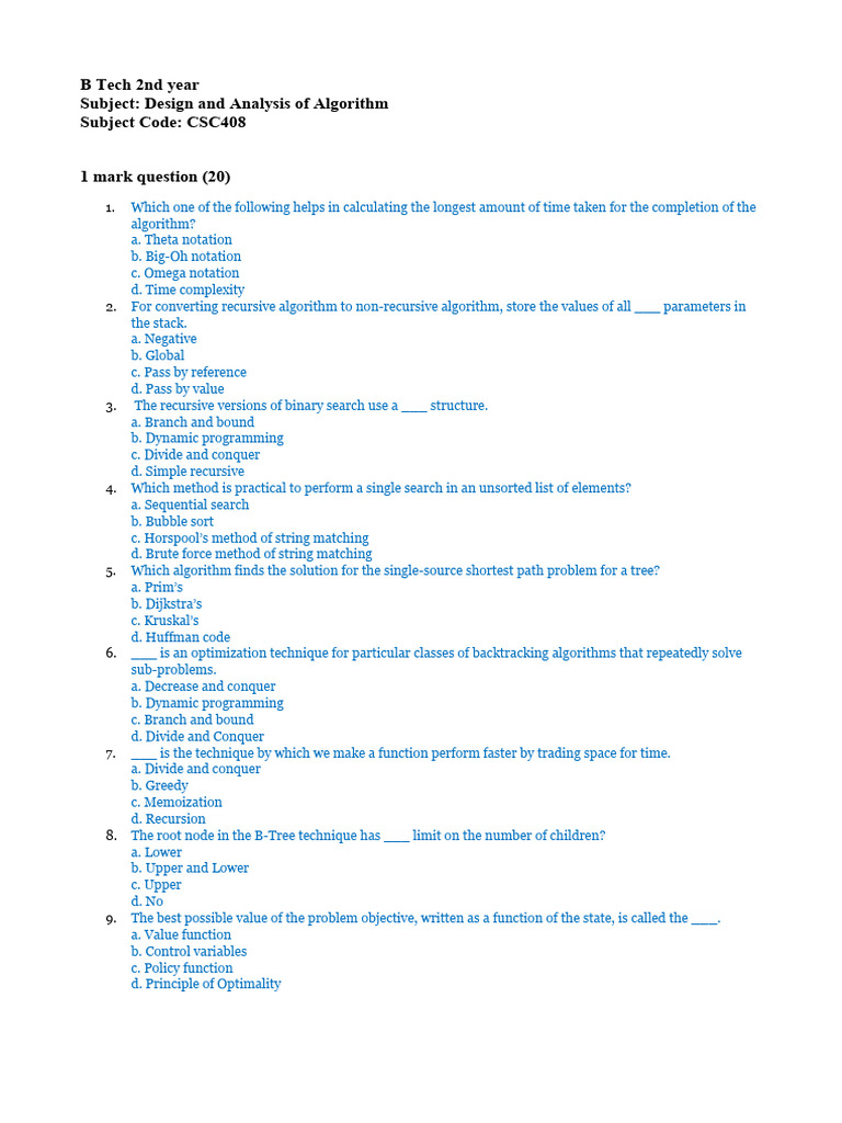 DAA - Questions BANK | PDF | Computational Complexity Theory | Time Complexity