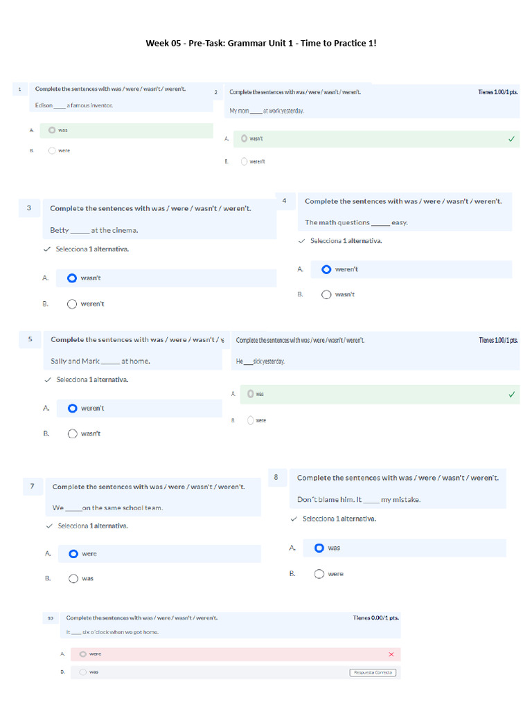 Week 05 - Pre-Task Grammar Unit 1 - Time To Practice 1 | PDF