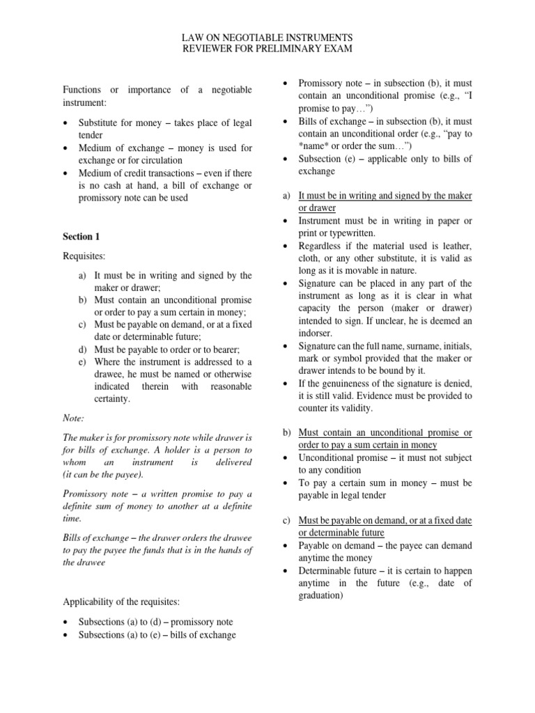 Negotiable Instruments Preliminary | PDF | Negotiable Instrument | Promissory Note
