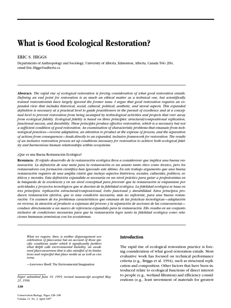 Higgs, E. S. (1997) - What Is Good Ecological Restoration - Que Es Una ...