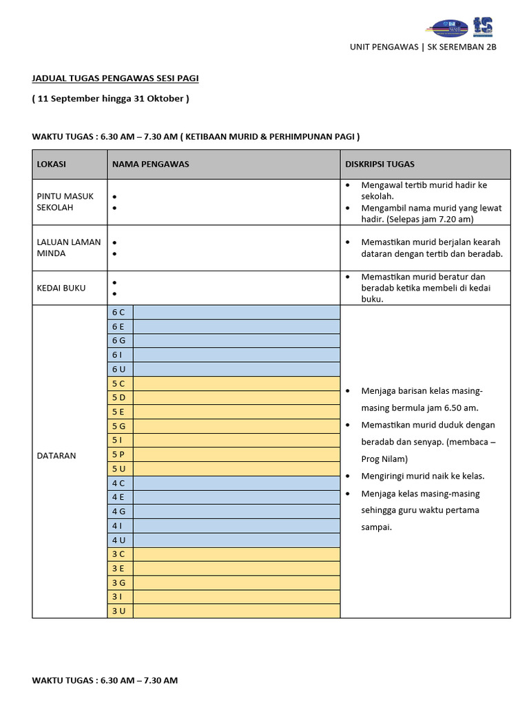 Jadual Bertugas Bulanan Pengawas | PDF