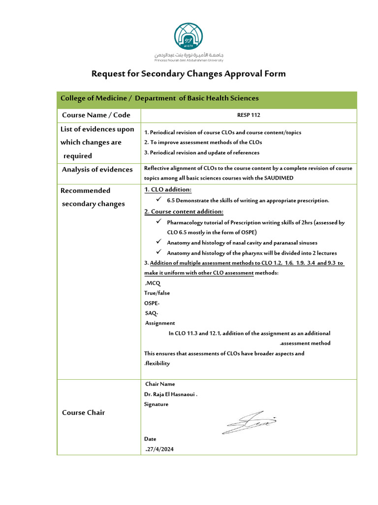 RESP Secondary Changes Approval Form 24-25 | PDF | Health Care | Medicine
