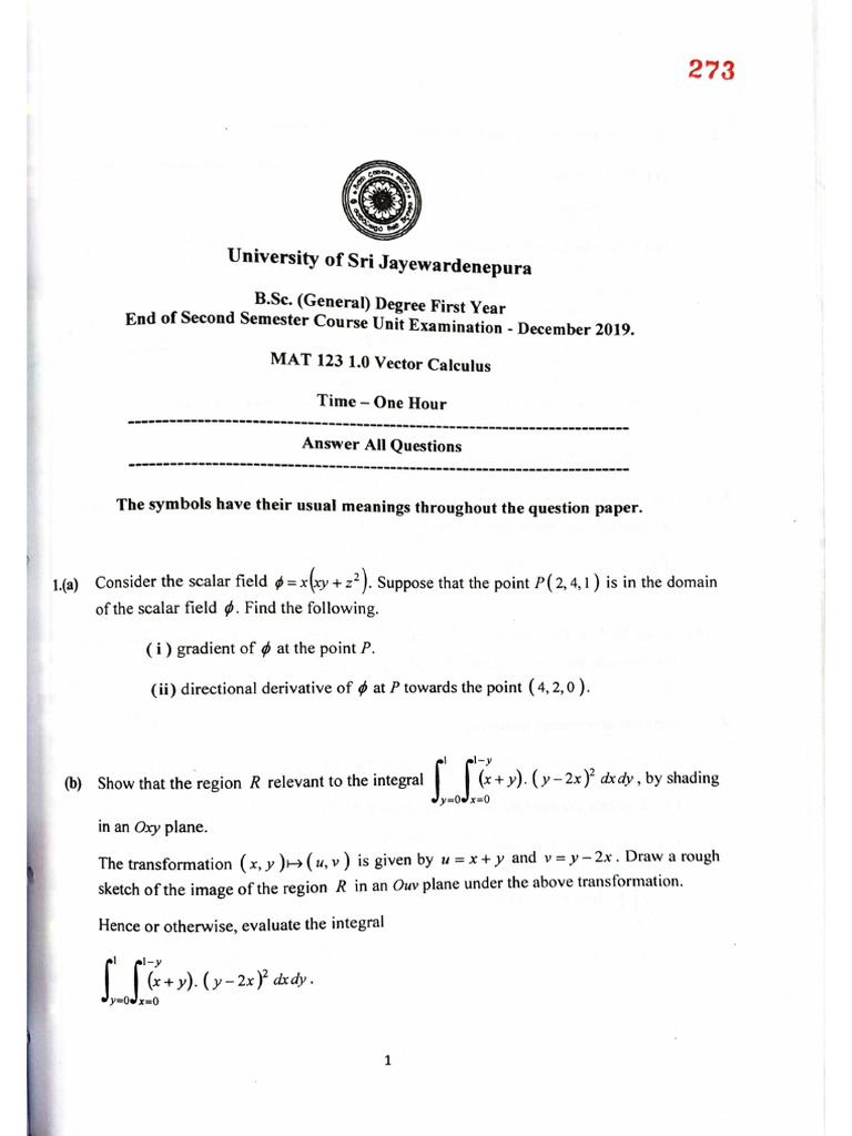 MAT 123 1.0 Vector Calculus (2019) | PDF