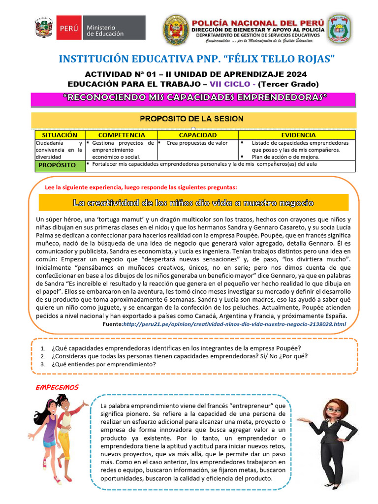 ACT1 - U2 - 2024 - EPT - TERCER GRADO1 | PDF | Iniciativa empresarial | Cognición