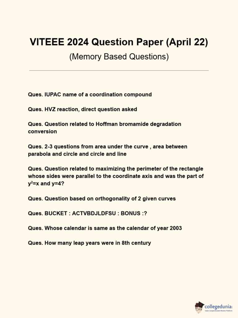 VITEEE 2024 Question Paper April 22 | PDF