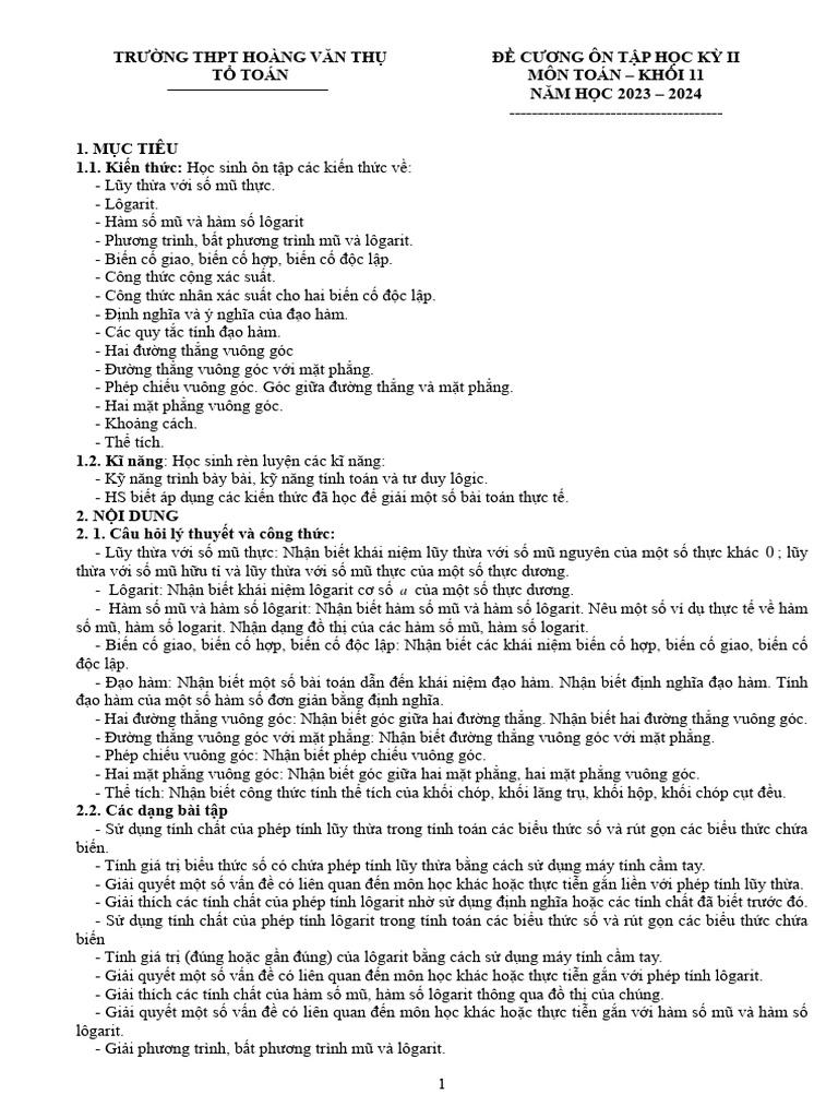 De Cuong Hoc Ky 2 Toan 11 Nam 2023 2024 Truong THPT Hoang Van Thu Ha Noi | PDF