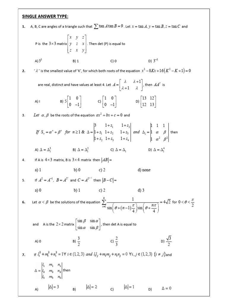Single Answer Type:: Tan Tan 9 A B | PDF | Matrix (Mathematics) | Algebra