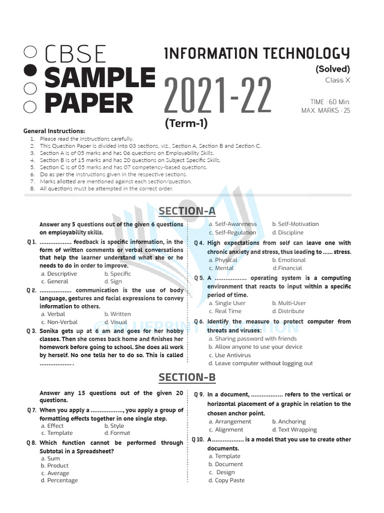 Cbse Sample Paper 2021 2022 It 10 Pdf Spreadsheet Worksheet