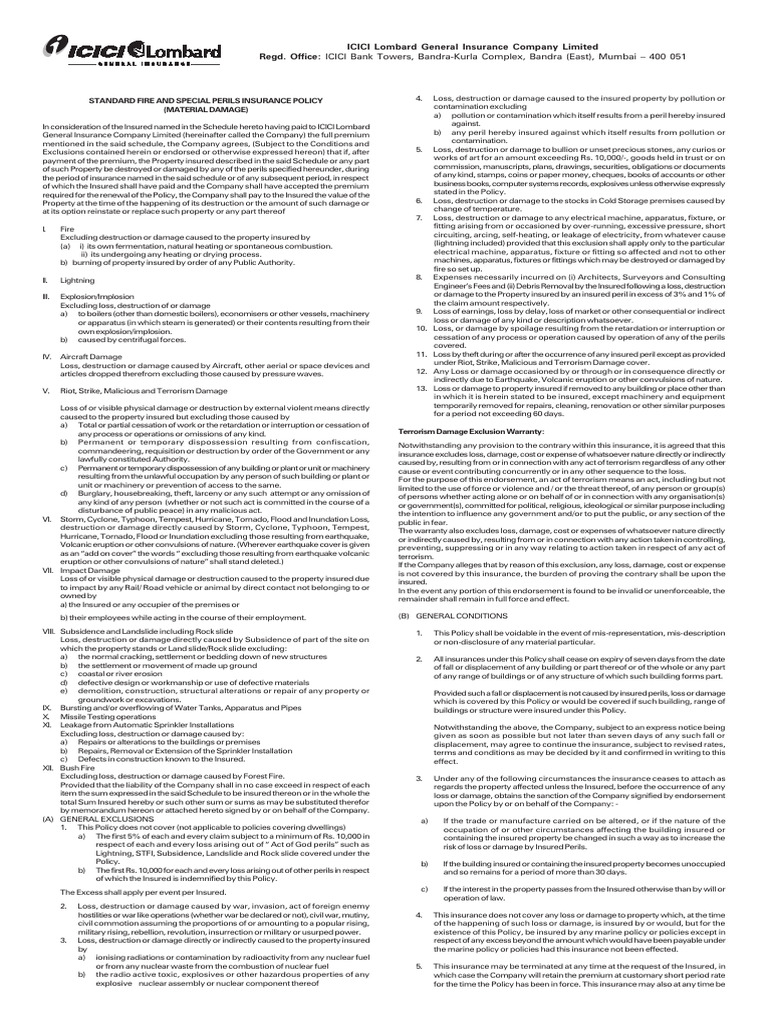 Fire Policy Wordings Icici Lombard | PDF | Insurance | Indemnity