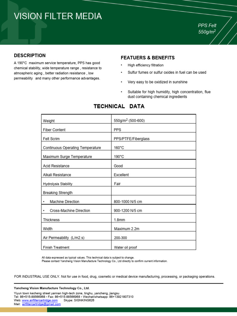 Pps Felt Specifications | PDF | Fiberglass | Materials