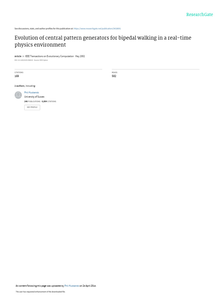 Evolution of Central Pattern Generators For Bipeda | PDF | Robotics | Bipedalism