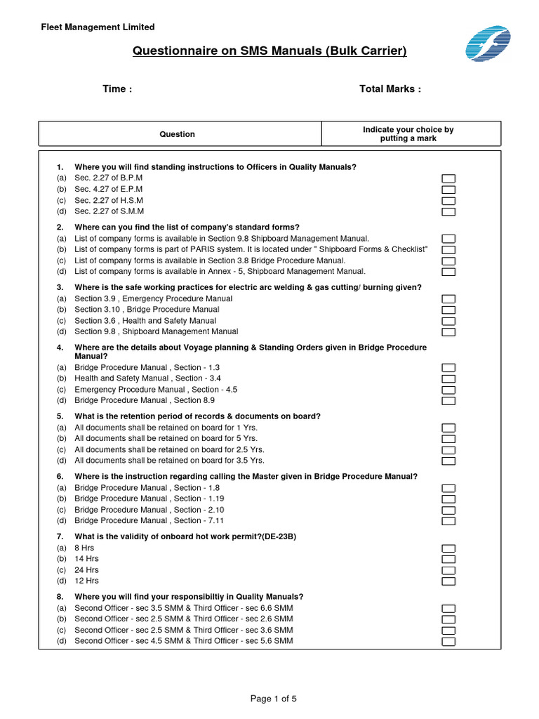 Questionnaire On SMS Manuals (Bulk Carrier) : Time: Total Marks ...