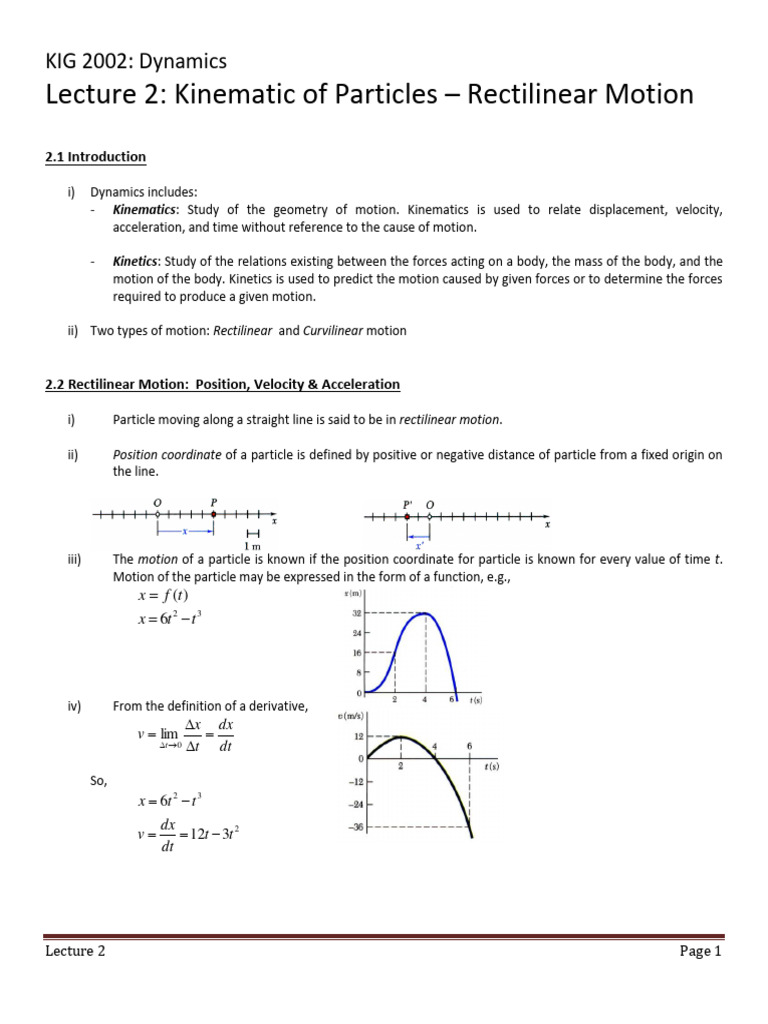 Lecture 2 Particles Rectilinear Motion Pdf Kinematics Acceleration