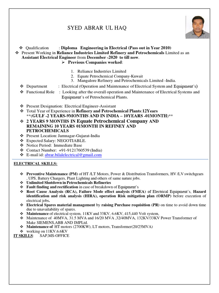 Syed Abrar-Electrical Maintenance CV | PDF | Electrical Engineering | Electricity