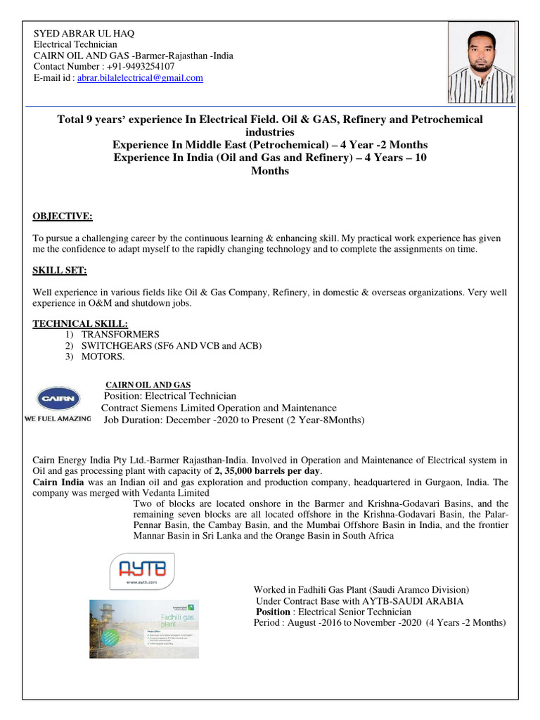 Abrar Electrical Technician - CV | PDF | Petroleum | Hydrocarbons