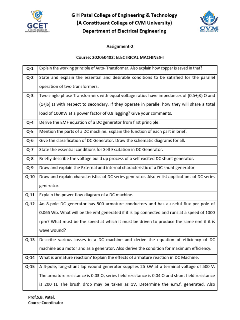 Assignment 2 - EM 1 | PDF | Electric Motor | Transformer