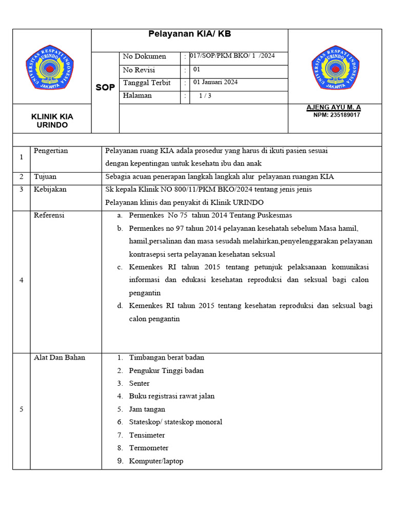 SOP Pelayanan KIA | PDF