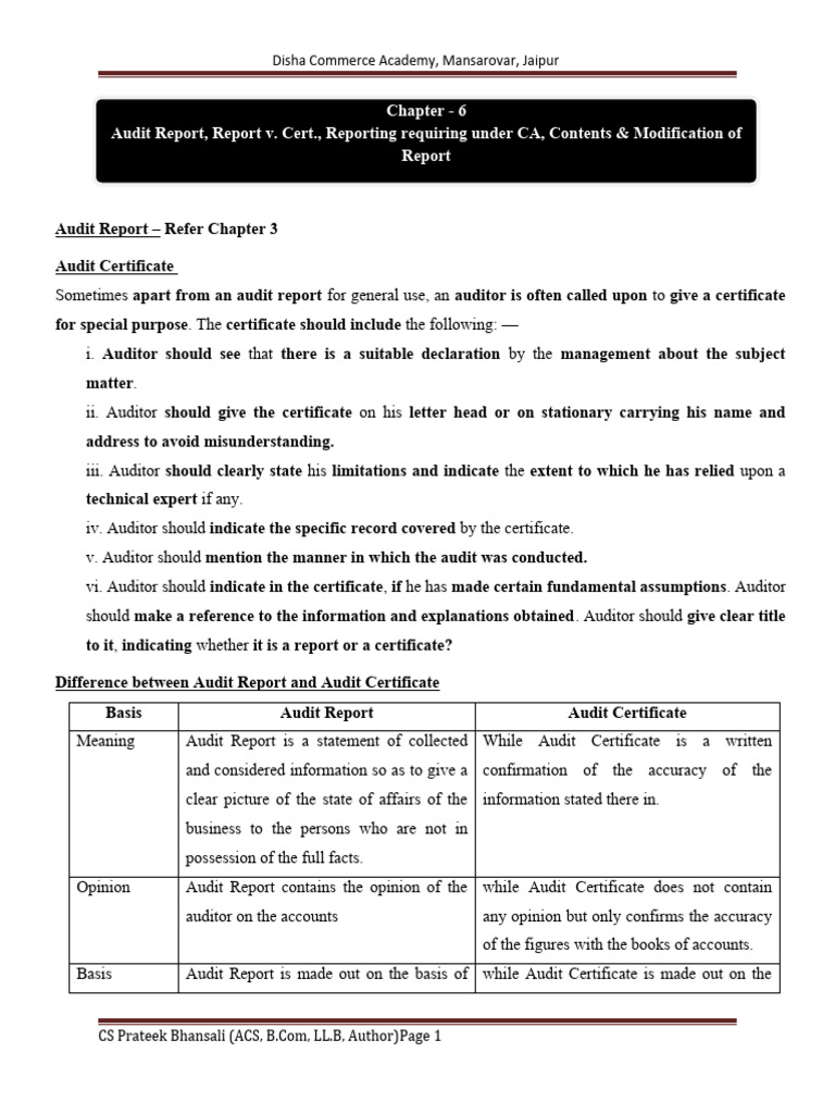 Audit Report, Report v. Cert., Reporting Requiring Under CA, Contents ...