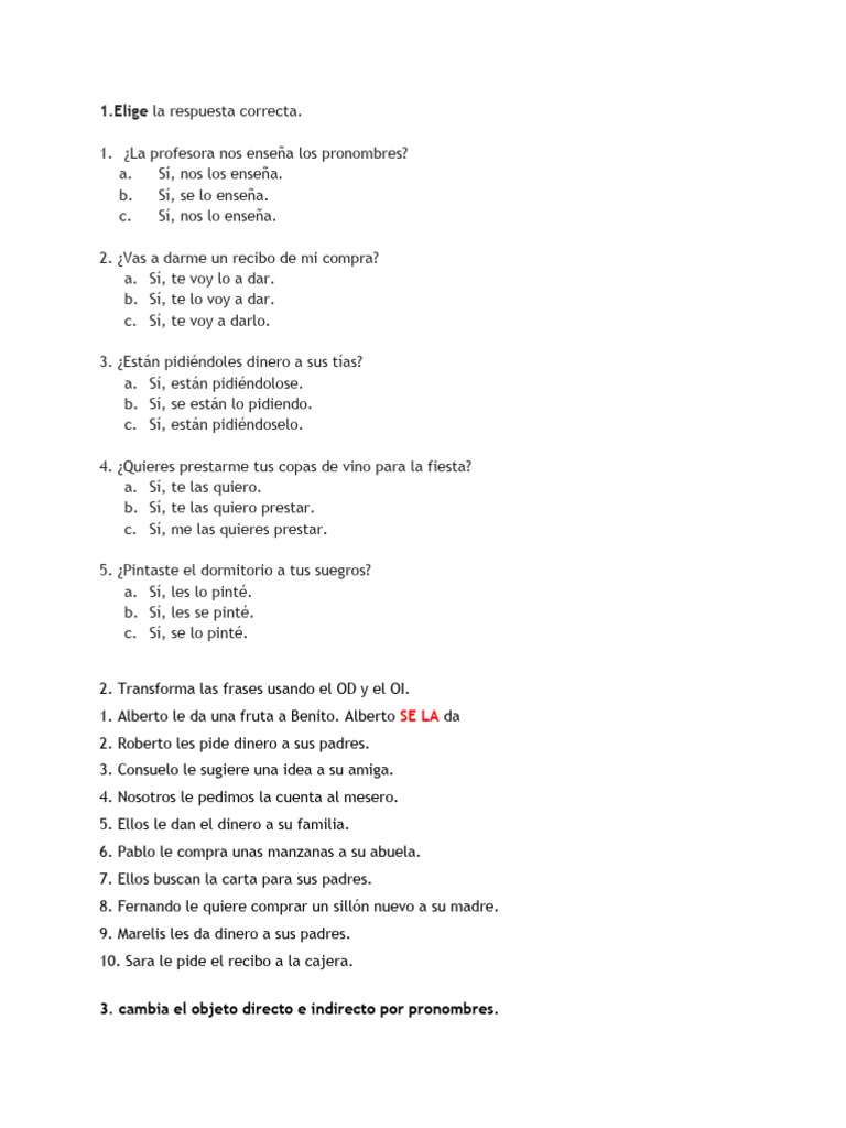 Ejercicios de OD y OI en español | PDF