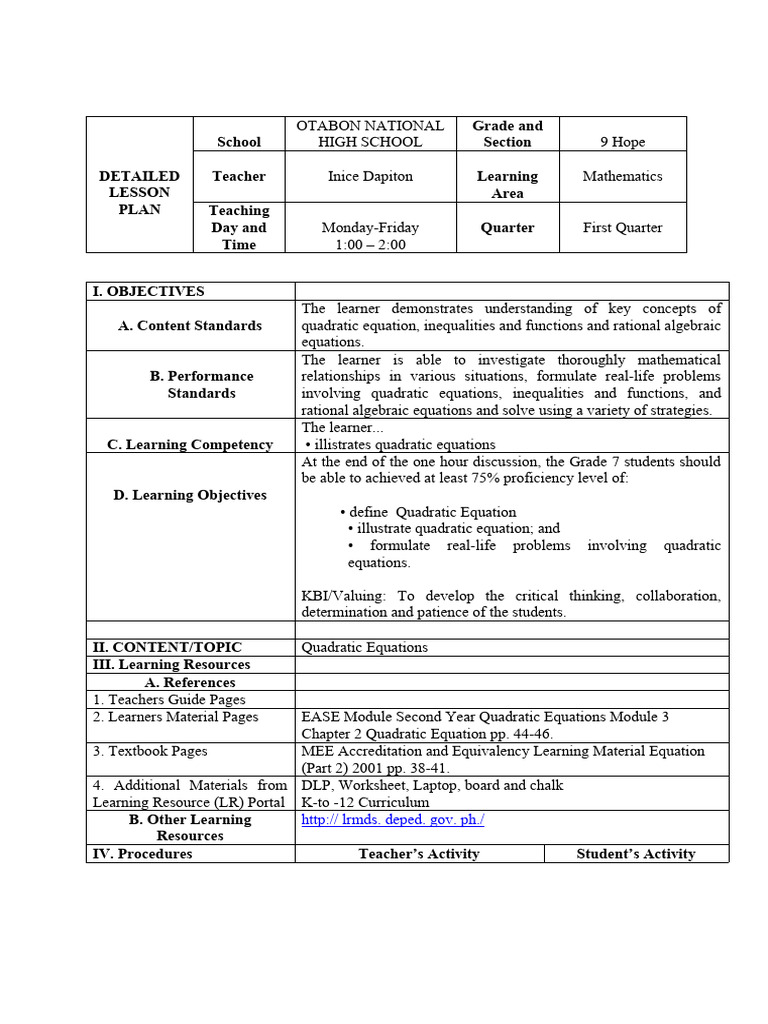 Math 9 DLP-7-Es | PDF | Equations | Quadratic Equation