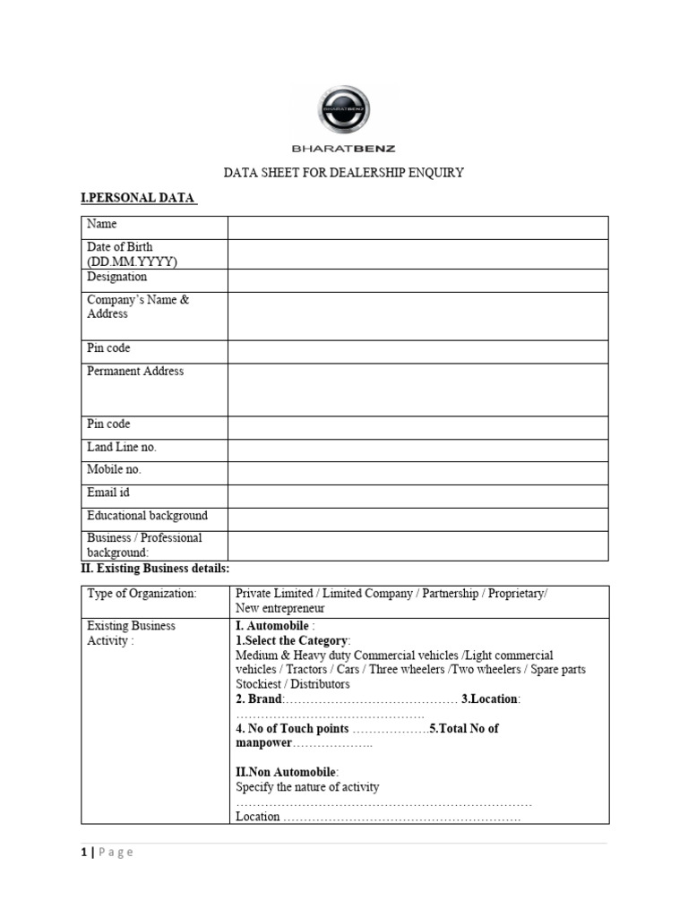 Data Sheet For Dealership Enquiry | PDF | Vehicles | Economies