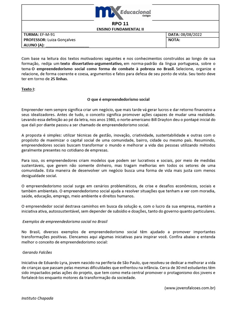 RPO 11 - 9Âº Ano 2 | PDF | Empreendedorismo social | Empreendedorismo