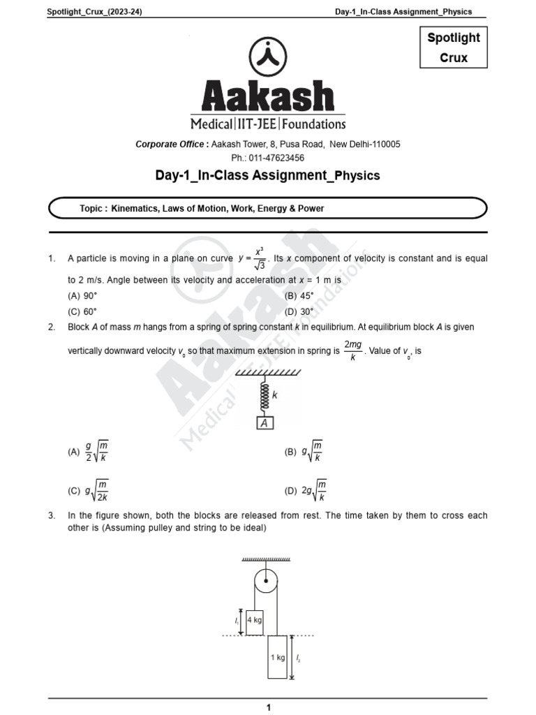 Spotlight - Crux (2023-24) - Day-1 - In-Class Assignment - Physics - (Only Que.) | PDF ...