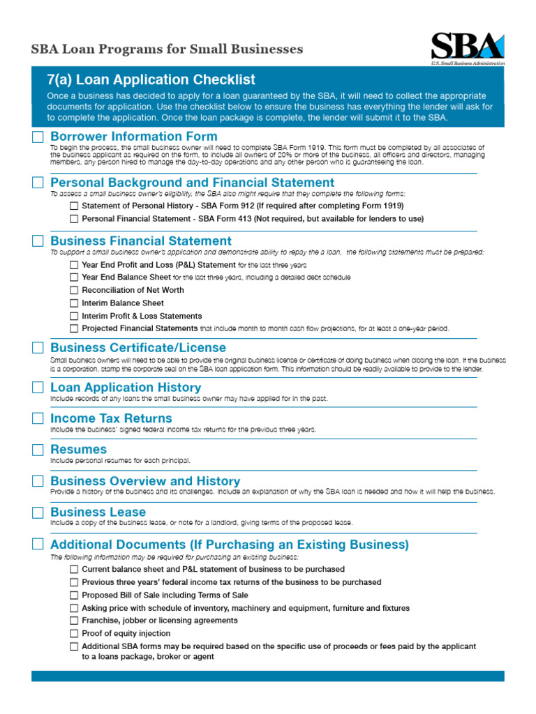7a Loan Application Checklist | PDF | Loans | Small Business Administration