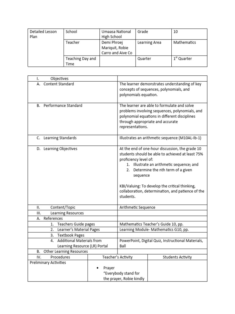 Grade 10 Math: Arithmetic Sequences | PDF | Learning | Mathematics