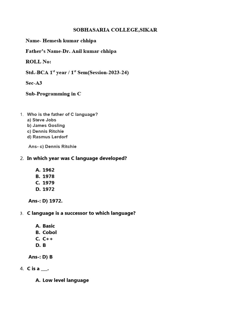 Hemesh Kumar Chhipa A3 Ppl Pdf Pointer Computer Programming C Programming Language