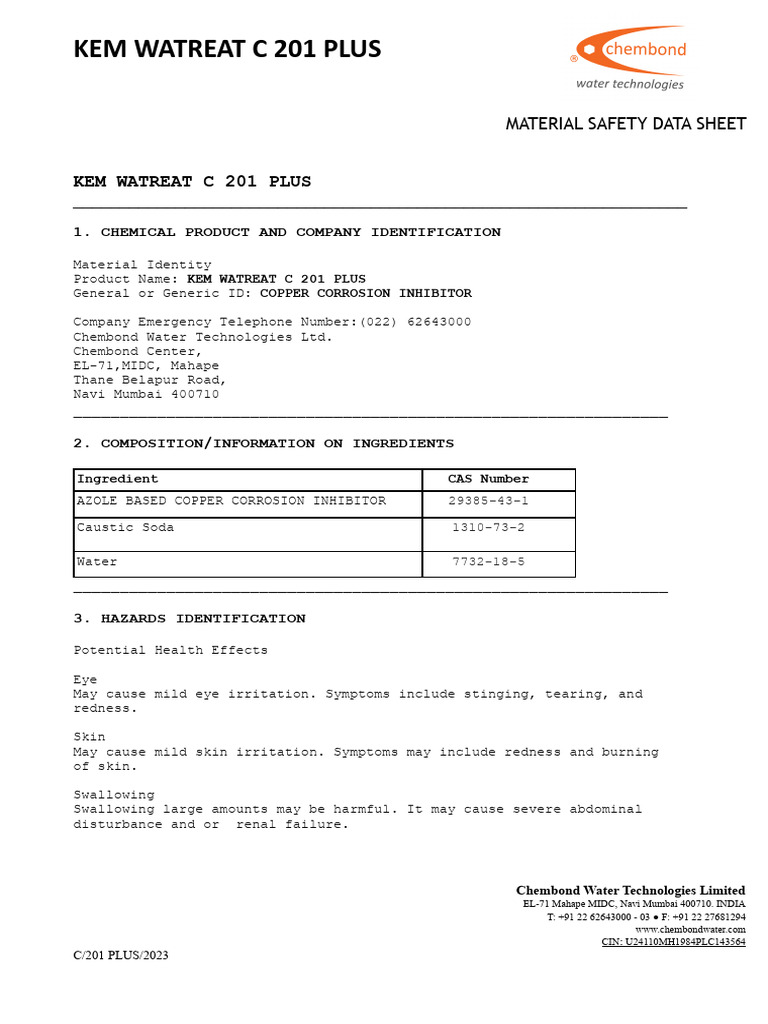 Kem Watreat C 201 Plus MSDS | PDF | Personal Protective Equipment | Waste Management