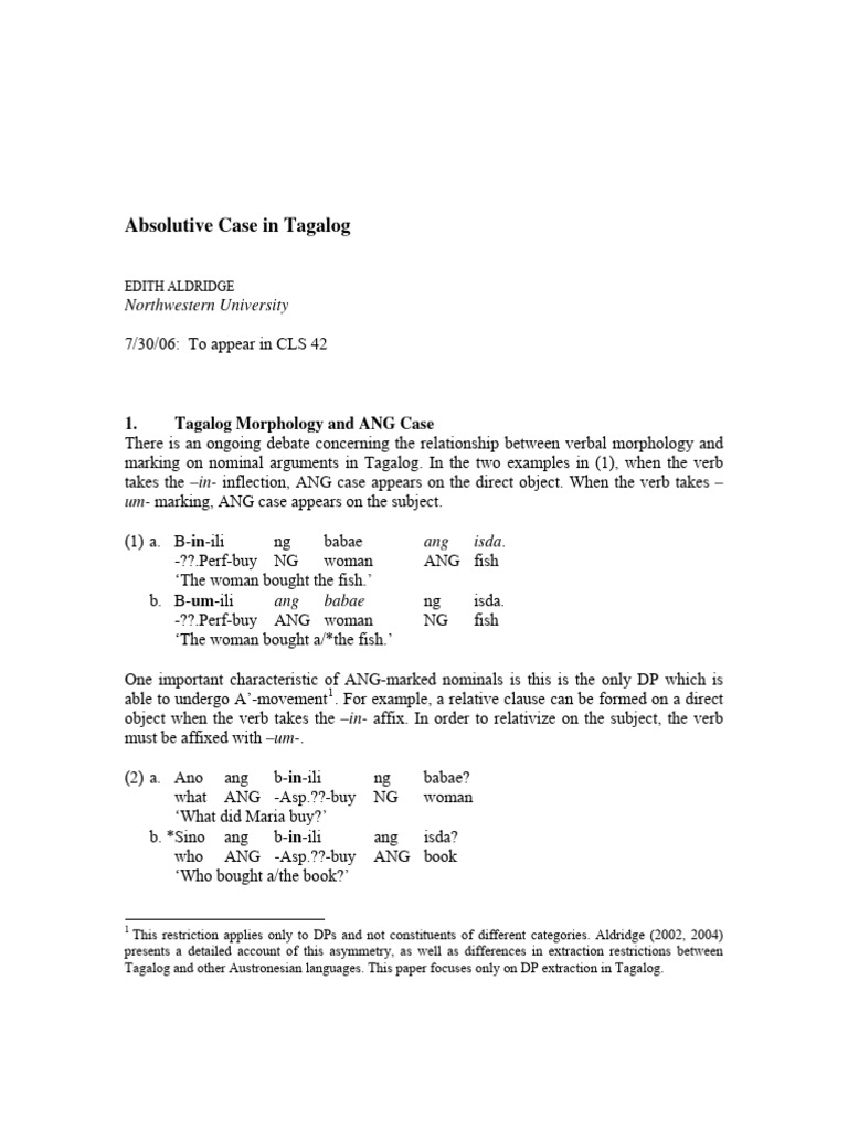 Ergative Analysis of Tagalog Case | PDF | Subject (Grammar) | Verb
