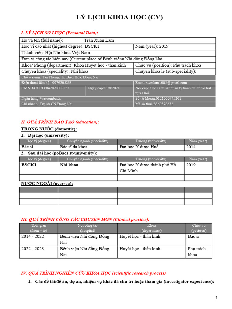 DR Tran Xuan Lam - CV | PDF