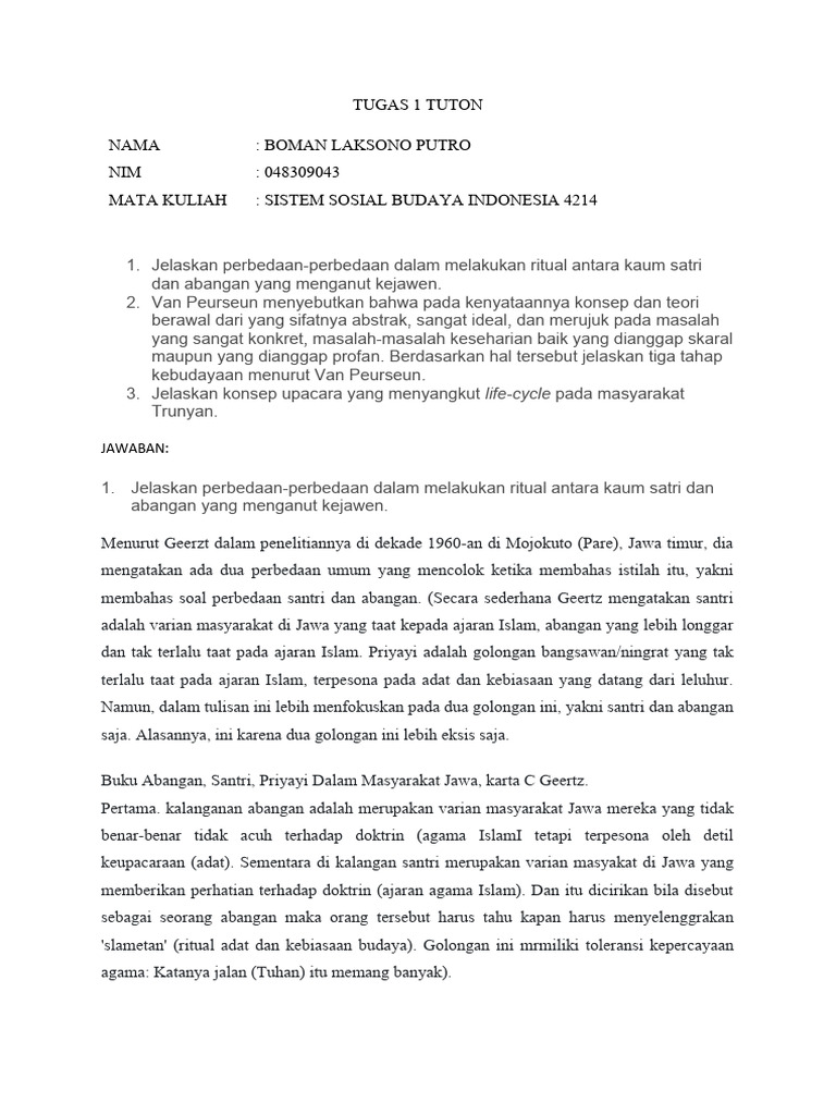 Tugas 1 Tuton Sistem Sosial Budaya Indonesia Isip 4214 | PDF | Ilmu Sosial | Filsafat